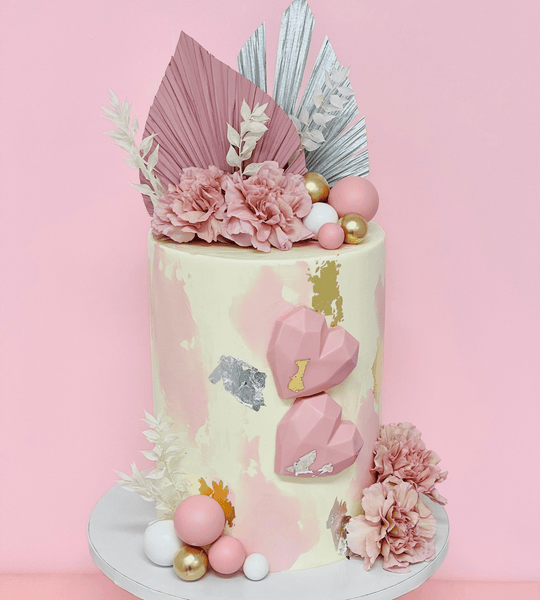 Pink Hearts and Dried Flowers Double Height Cake – Cake Creations by Kate™